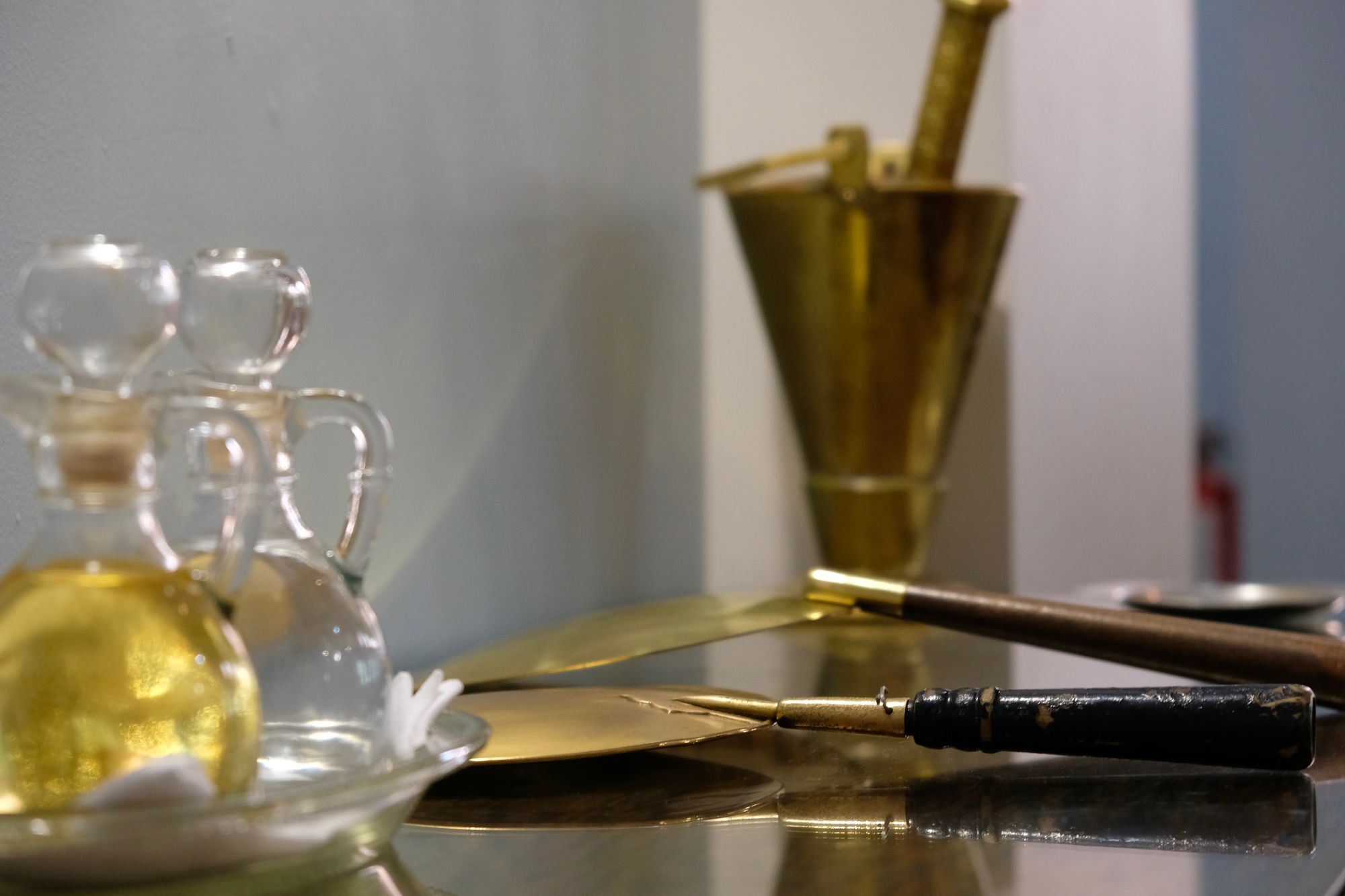 Cruets, Aspergillum, and Communion Patens - Catholic Stock Photo