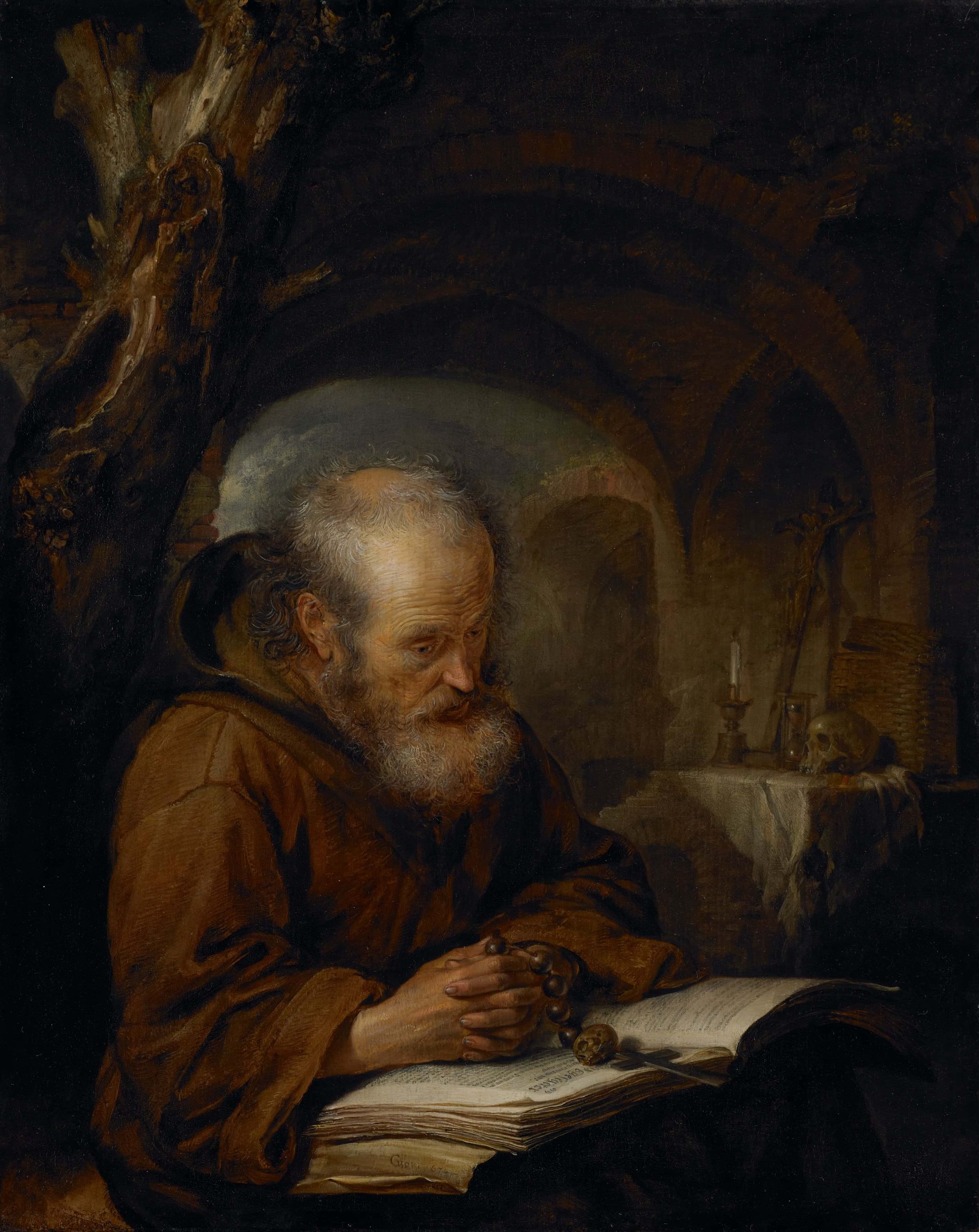A Hermit Praying (1670) by Gerrit Dou - Public Domain Catholic Painting