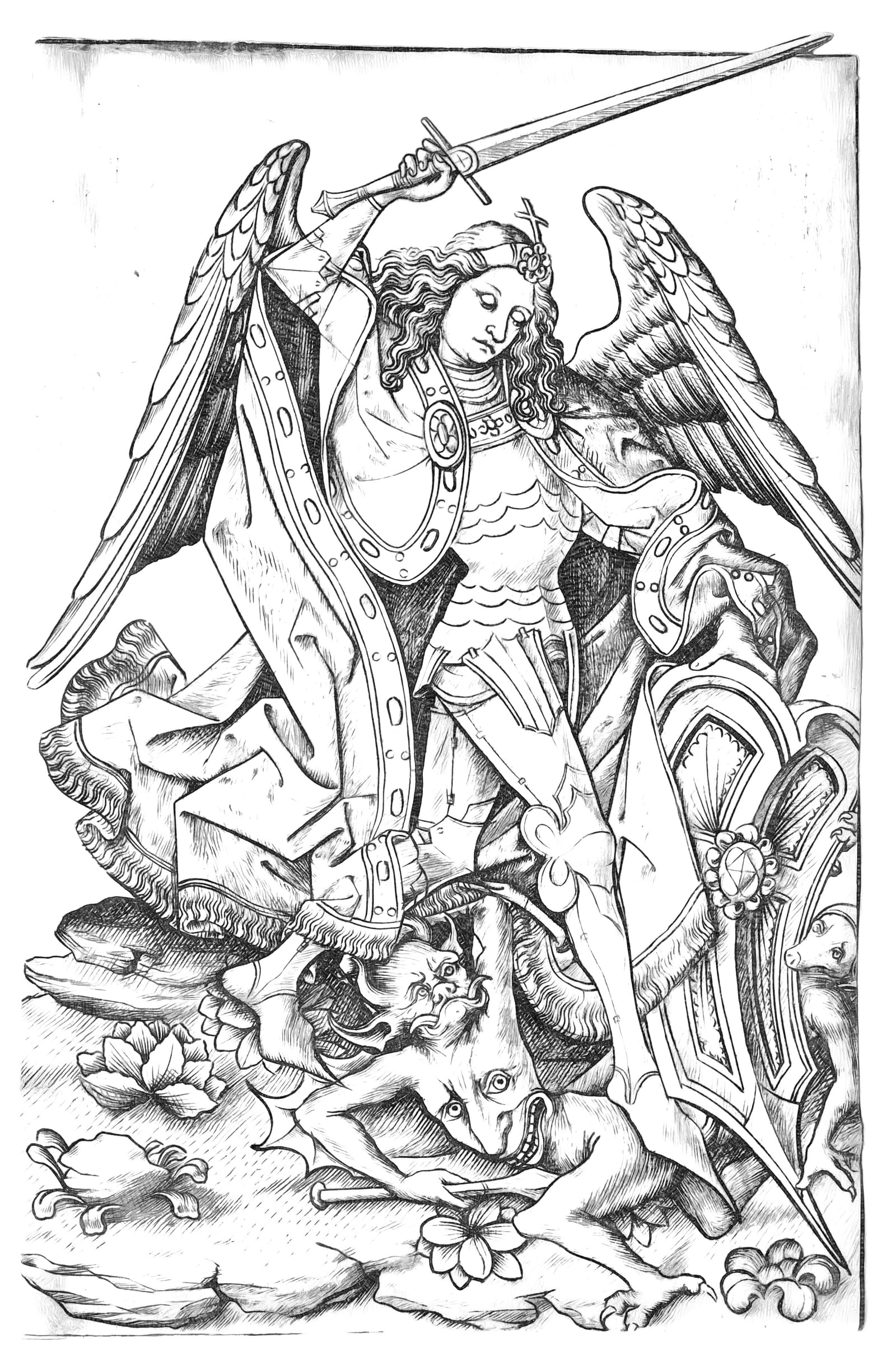 Saint Michael (1450–67) by Master ES - Catholic Coloring Page