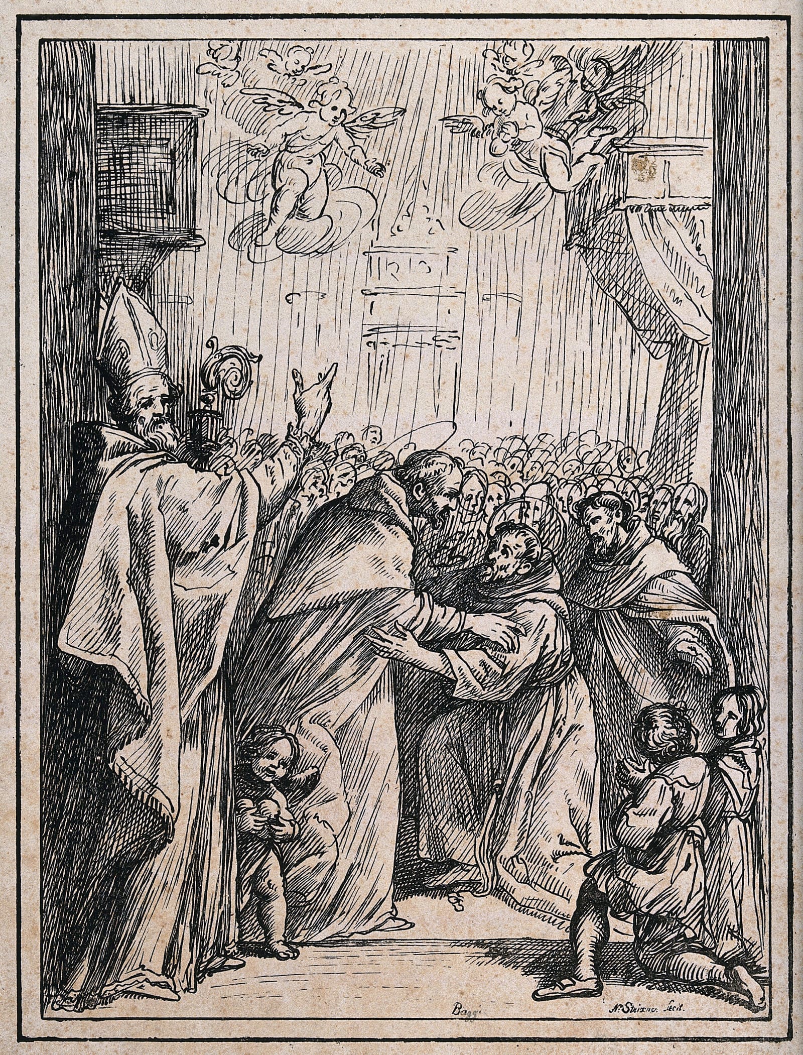 A bishop saint (Saint Nicholas?) with Saint Dominic Guzman (?) greeting ...