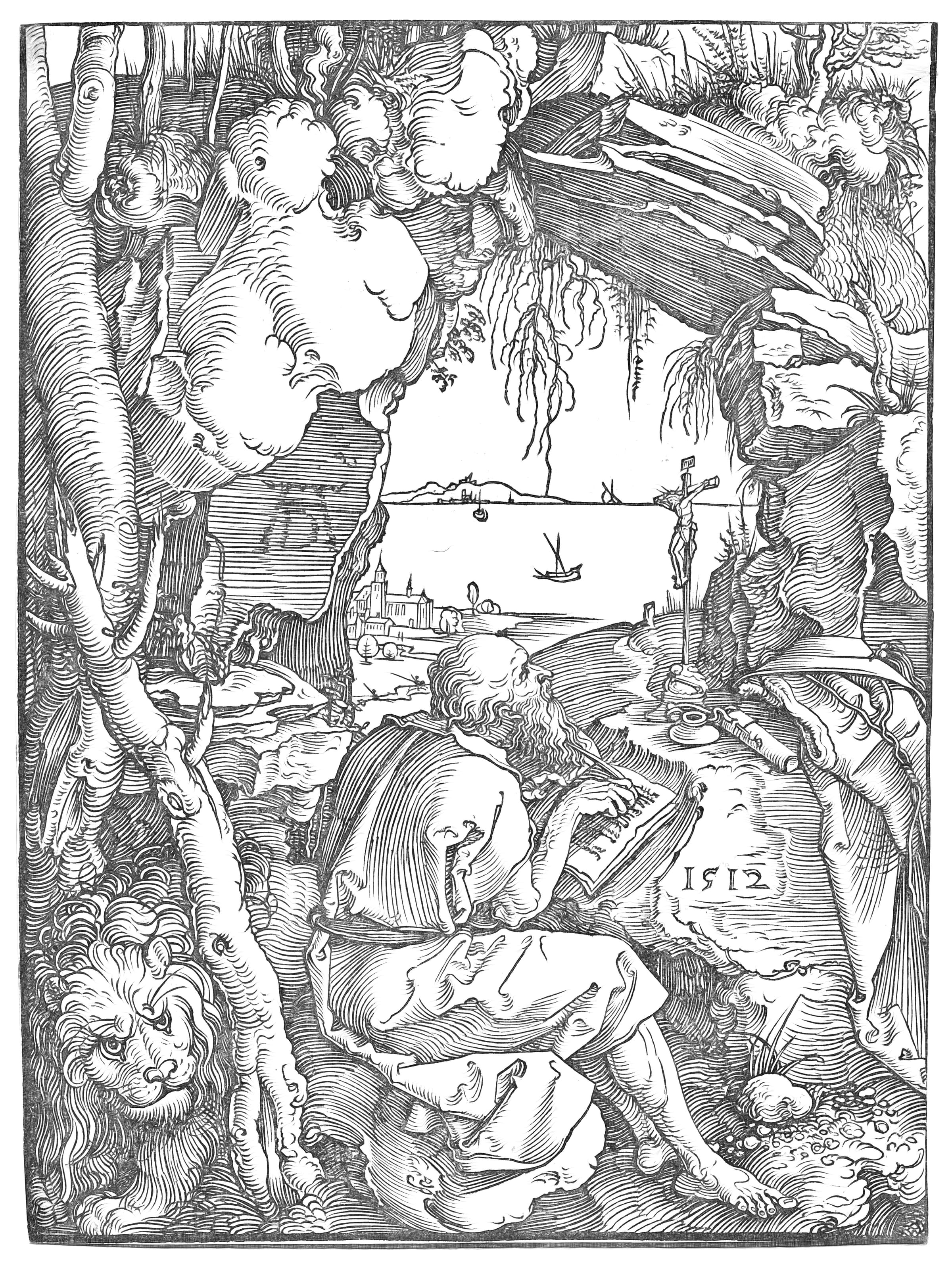 St. Jerome in a Cave (1512) by Albrecht Dürer - Catholic Coloring Page